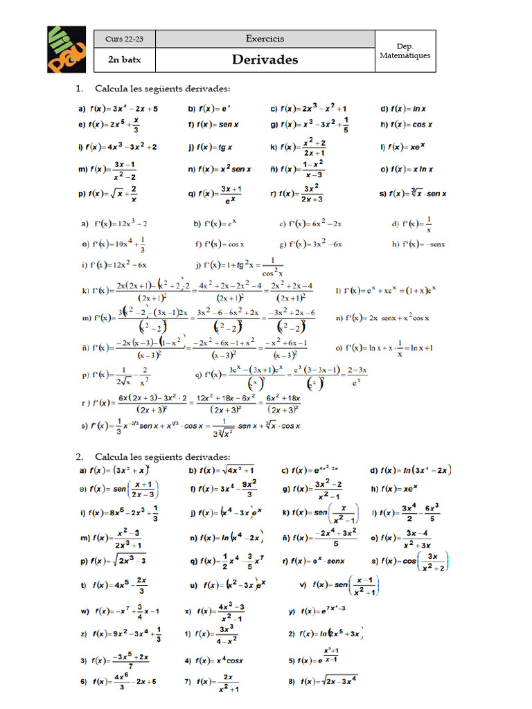 Exercicis Derivades (Amb Solucions) | PDF