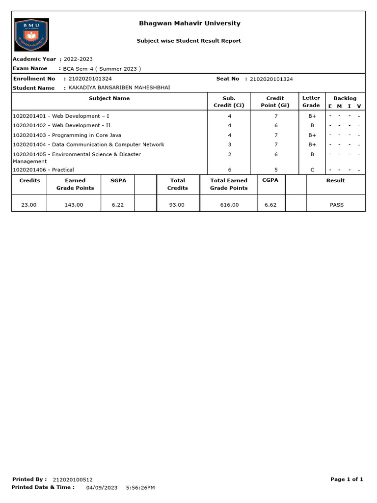 Subject Head Wise Student Result Report | PDF