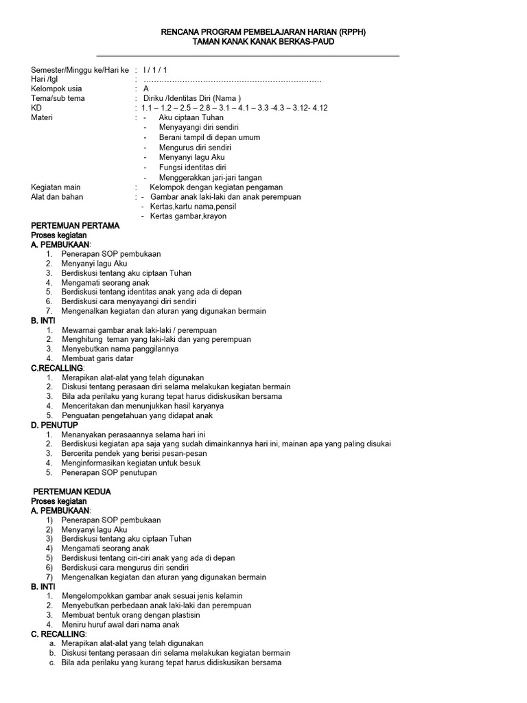 RPPH Tema Diriku 4-5 Tahun Semester I | PDF | Seni & Disiplin Bahasa