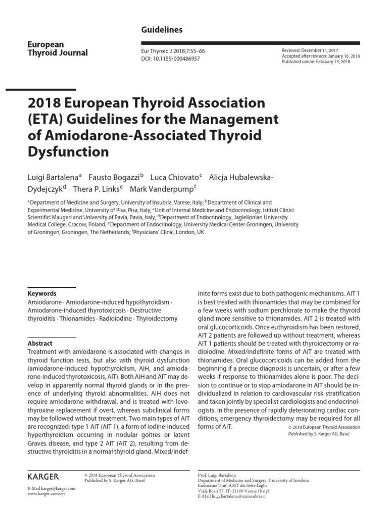 2018 ETA Guidelines on Amiodarone Thyroid Dysfunction | PDF ...