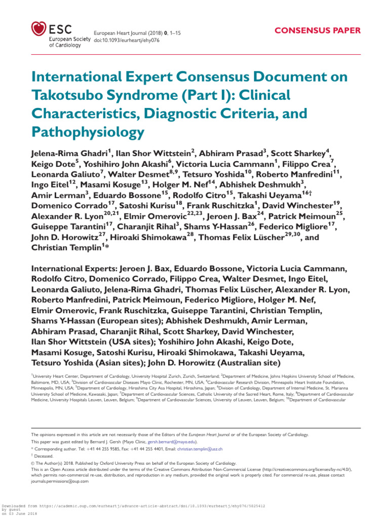 International Expert Consensus Document On Takotsubo Syndrome (Part I) - Clinical ...
