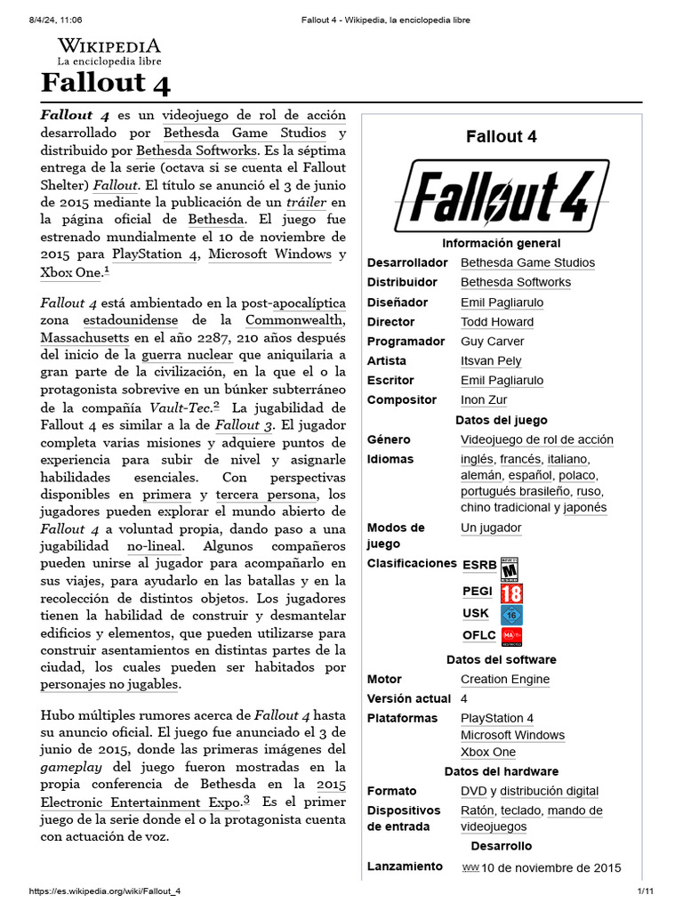 Fallout 4 - Wikipedia, La Enciclopedia Libre | PDF