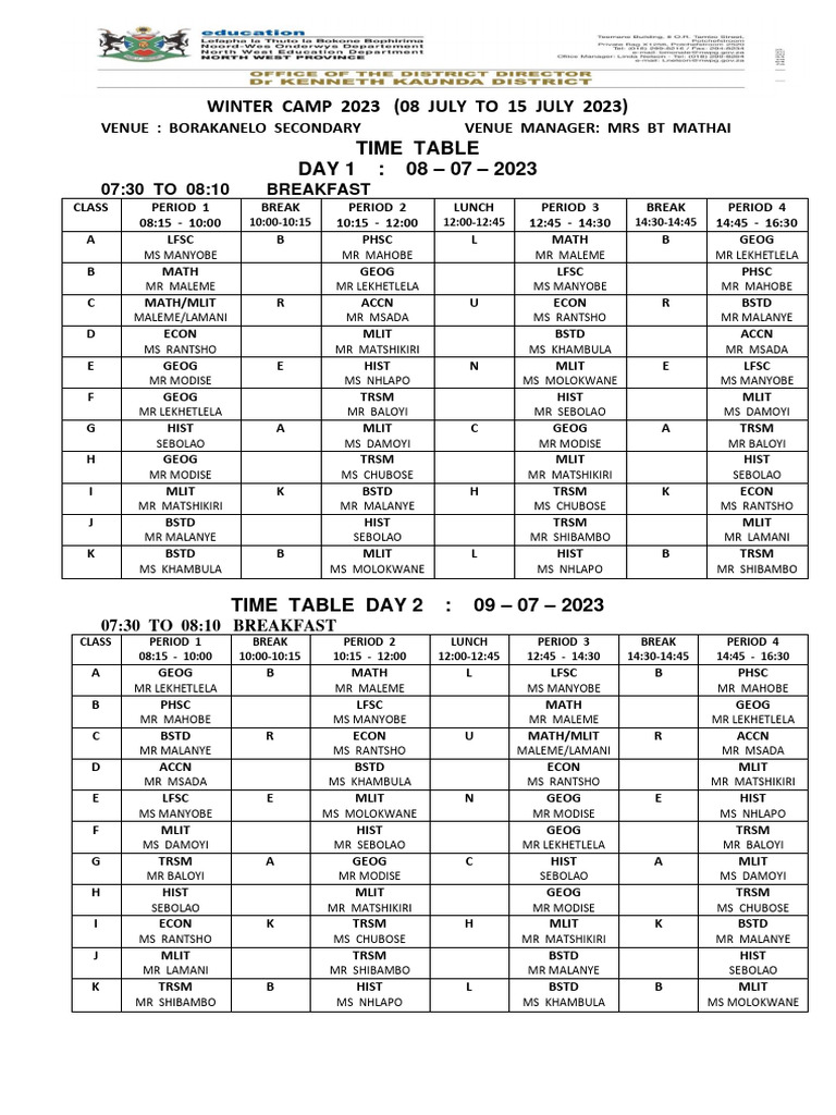 BSS Winter Camp 2023 Timetable | PDF