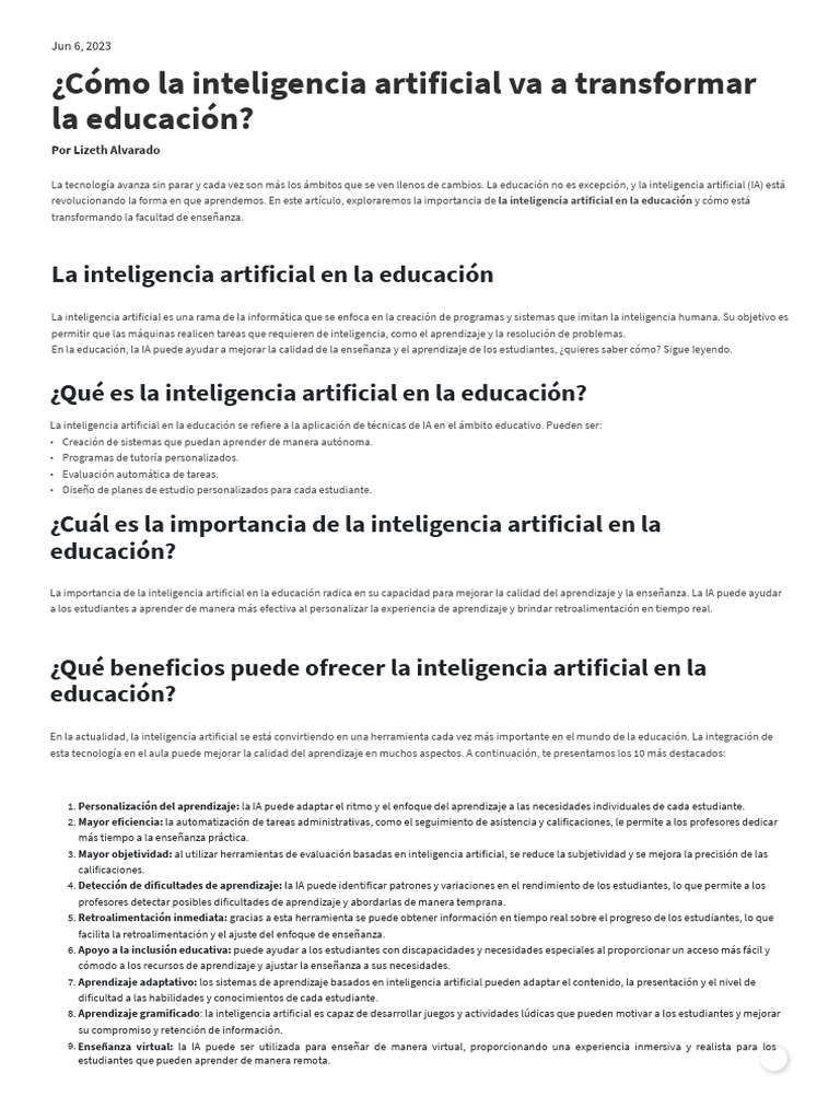 ¿Cómo La Inteligencia Artificial Va A Transformar La Educación | PDF ...