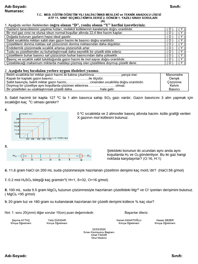 Sinif Kimya 2. Donem 1. Yazili 4 | PDF