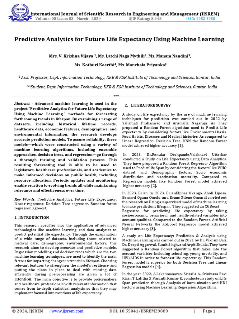 Predictive Analytics For Future Life Expectancy Using Machine Learning Pdf Mean Squared