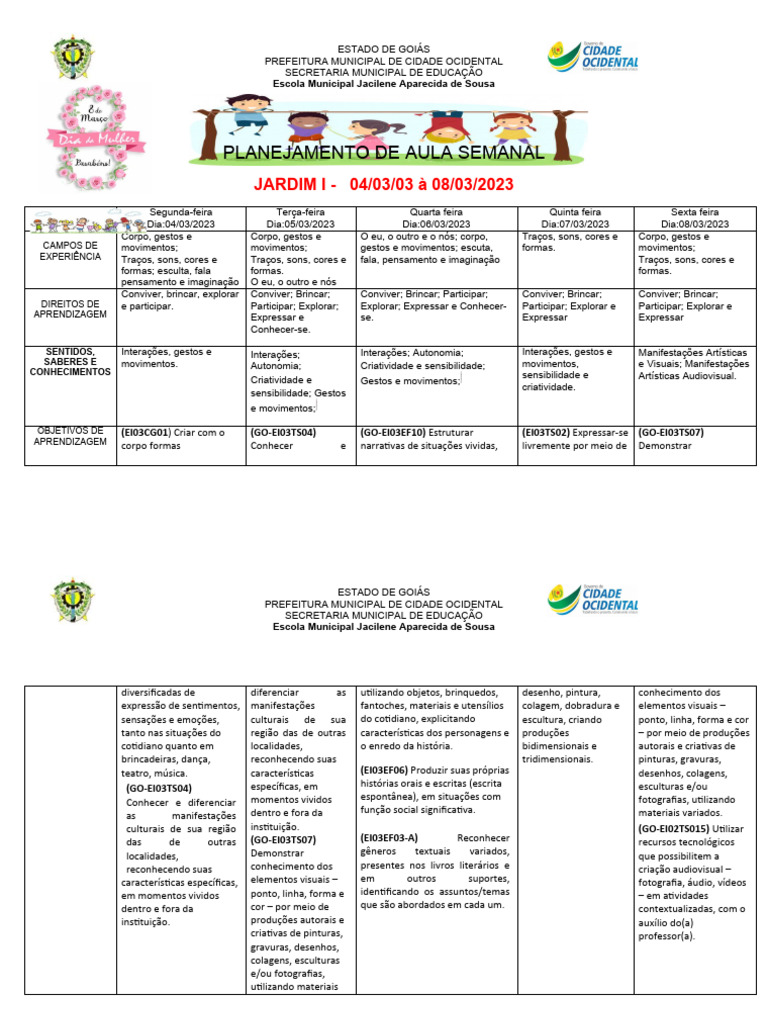Planejamento Semanal Jardim I 2023 | PDF | Desenho | Cidade