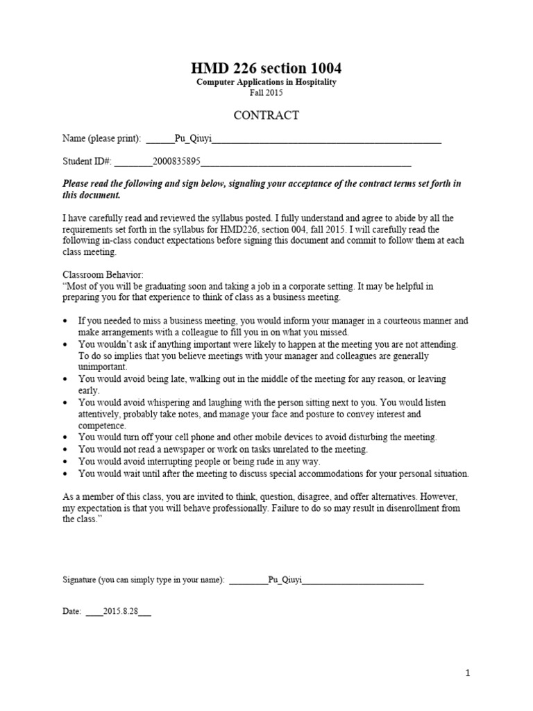 HMD 226 Syllabus Contract | PDF
