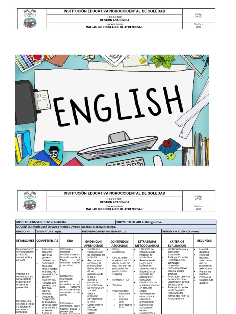 Mallas INGLÉS CUARTO NOROCCIDENTAL | Descargar gratis PDF | Aprendizaje | Evaluación