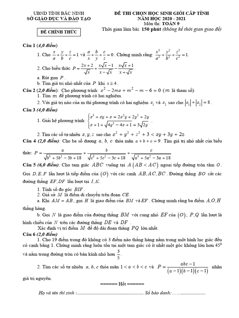 De Thi Hoc Sinh Gioi Toan 9 Cap Tinh Nam 2020 2021 So Gddt Bac Ninh | PDF