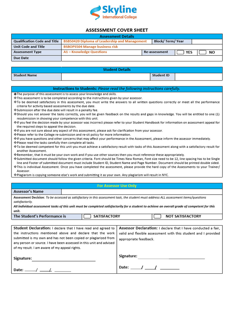 ARA - 1963 - BSBOPS504 - Assessment1 - Knowledge Questions | PDF | Risk ...