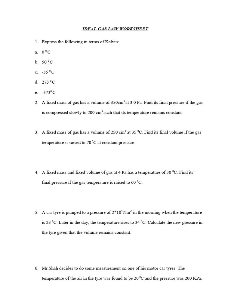 GAS LAW WORKSHEET-19 | PDF