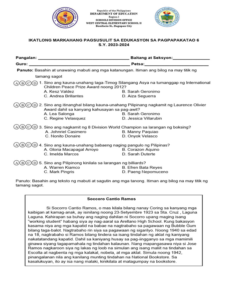 Third Quarter Test Esp 6 Pdf
