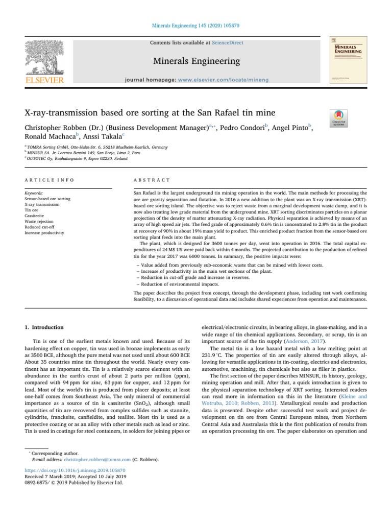 X Ray Transmission Based Ore Sorting at | PDF | Tin | Metals
