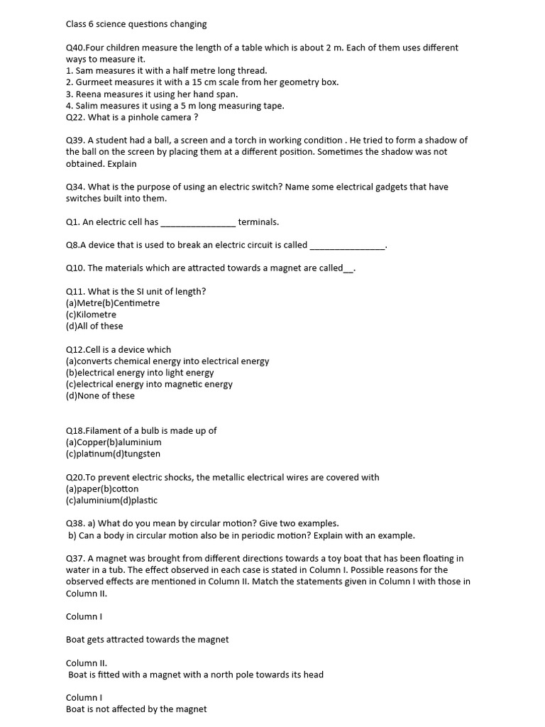 Class 6 science questions changing | PDF | Magnet | Length