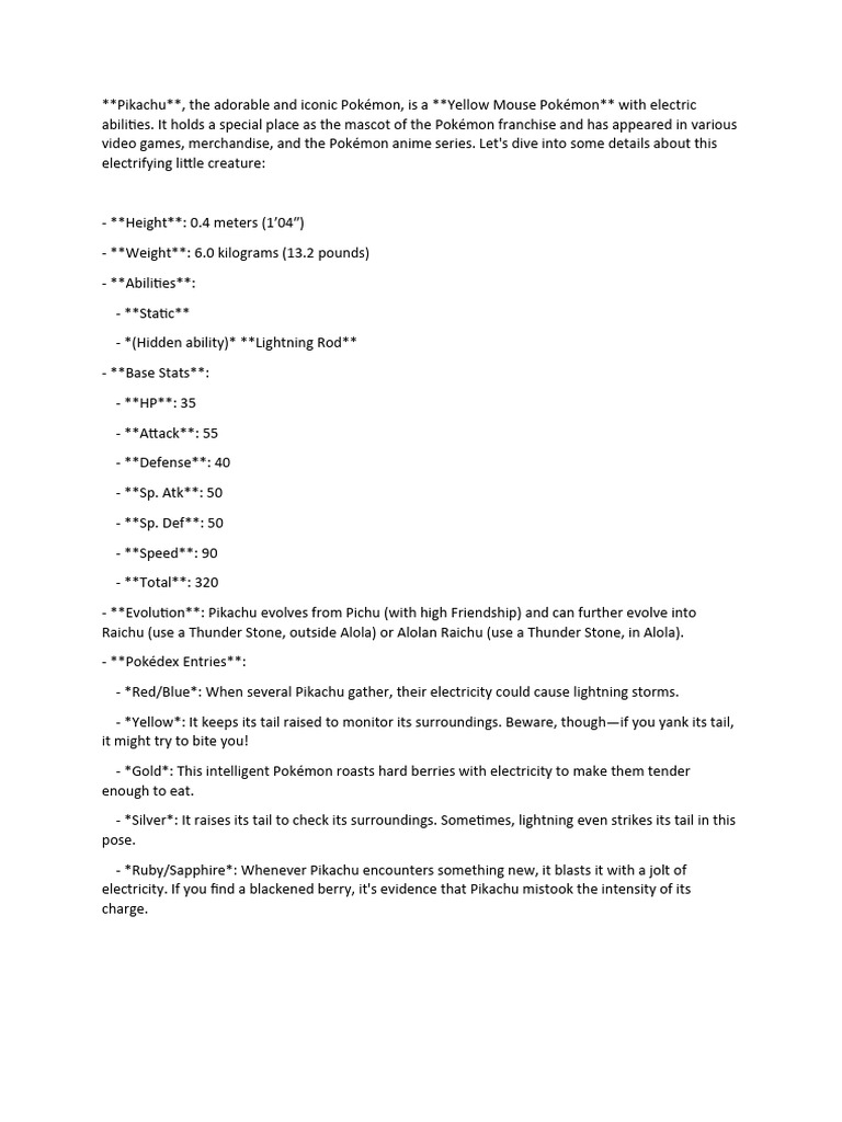 Pikachu: Stats, Evolution & Abilities | PDF