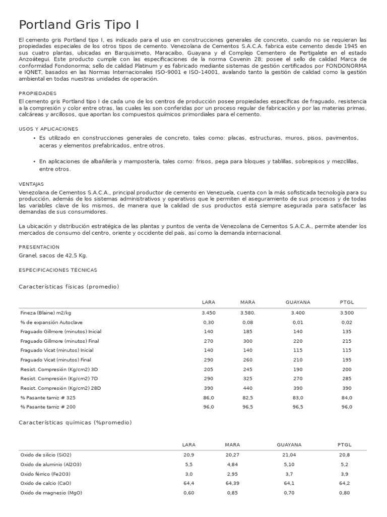 FICHA CEMENTO Portland Gris Tipo I - Venezolana de Cementos | PDF | Cemento | Hormigón
