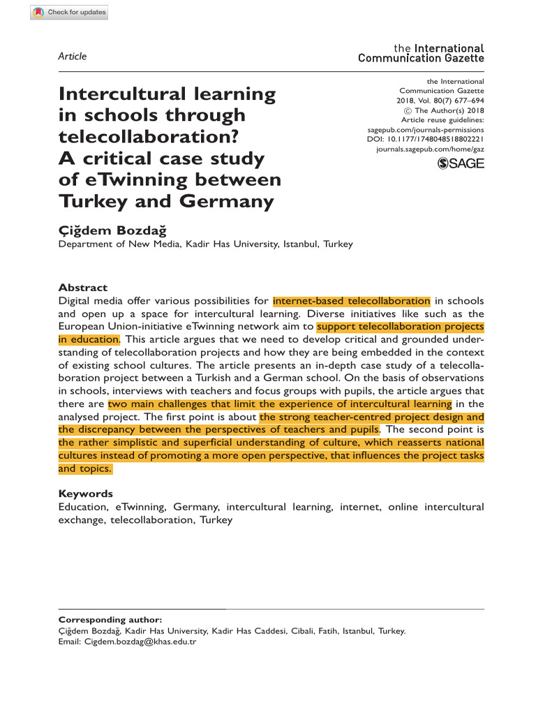 Intercultural Learning via eTwinning: A Case Study | PDF | Cross ...
