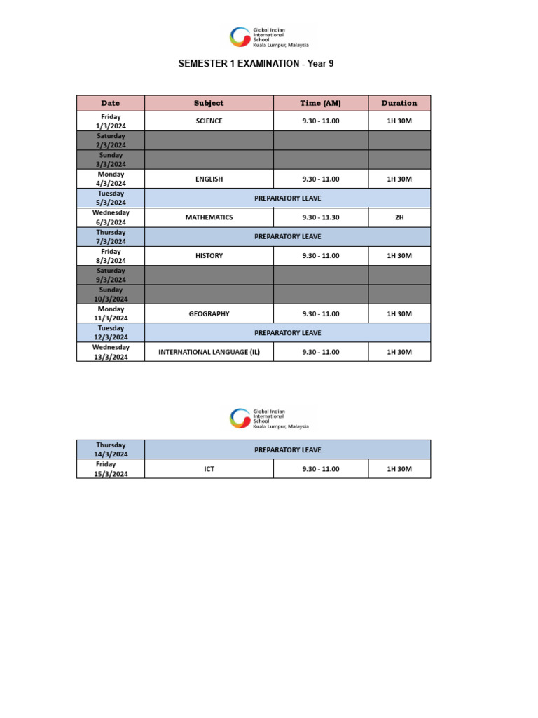 Semester 1 Examination Schedule - Year 9 | PDF