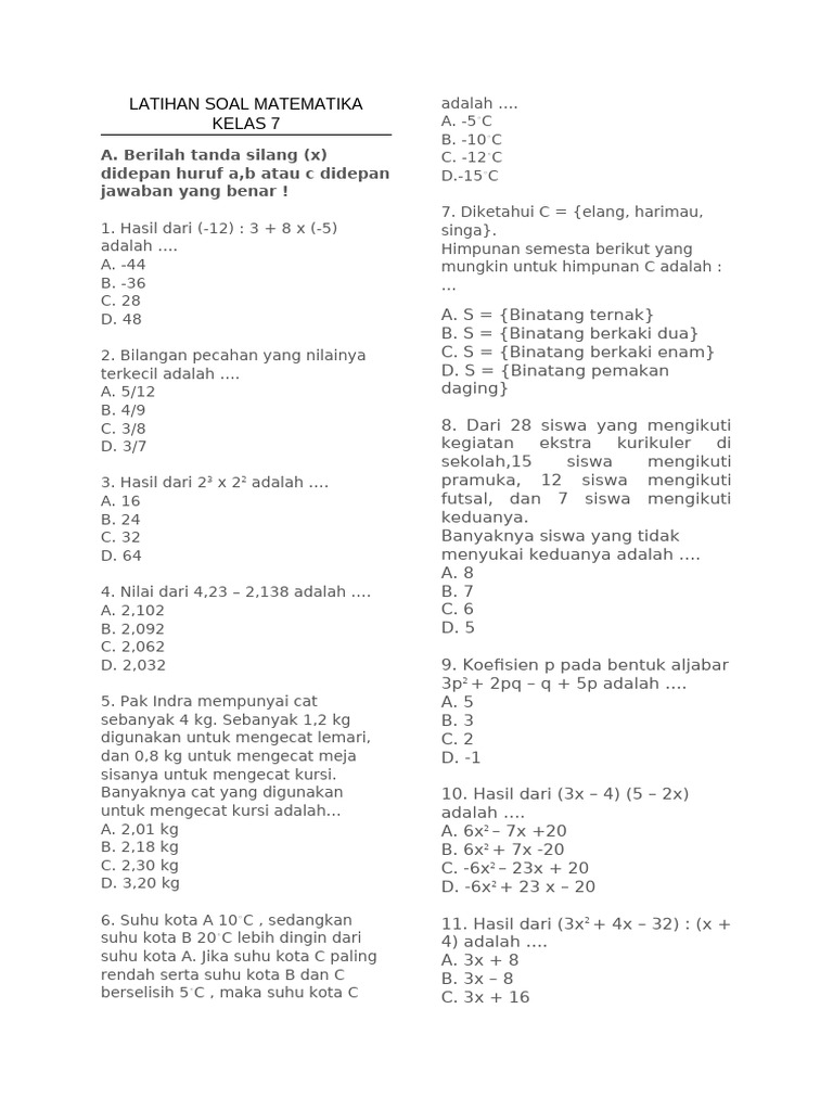 Latihan Soal Matematika Kelas 7 Semester 1 Kurkulum Merdeka | PDF