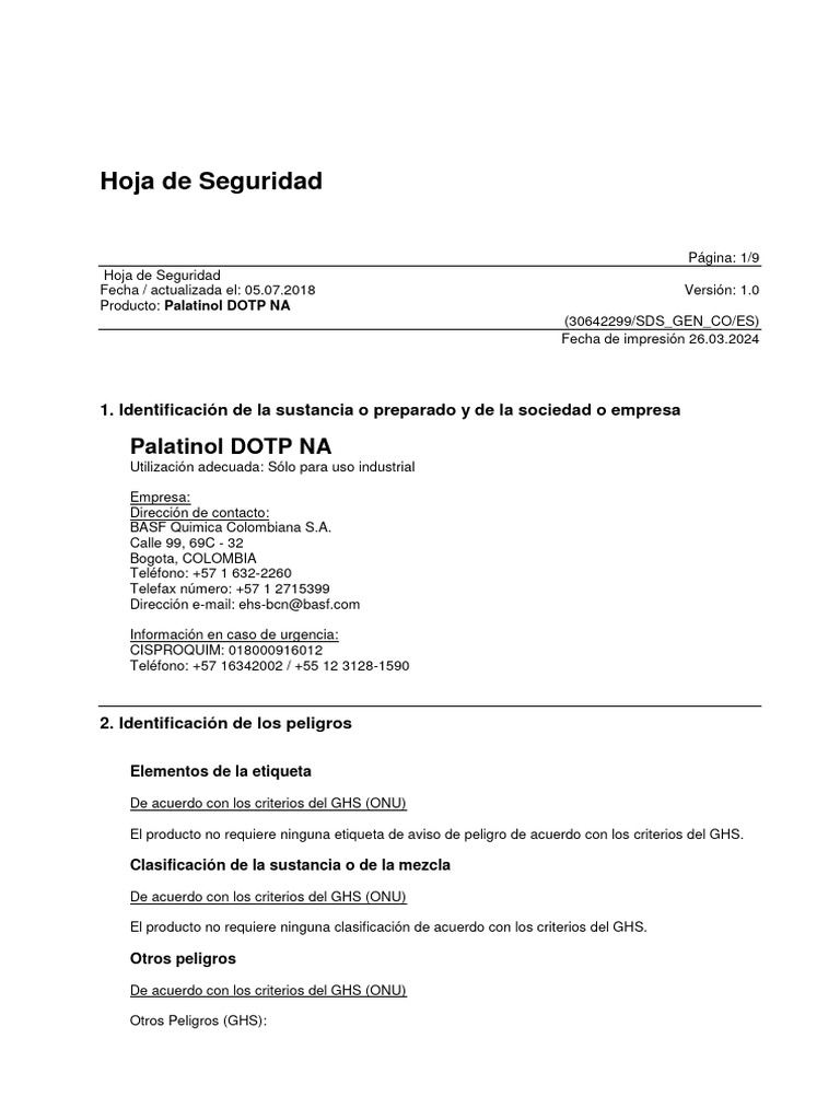 Hoja de Seguridad: Palatinol DOTP NA | PDF | Agua | Contaminación