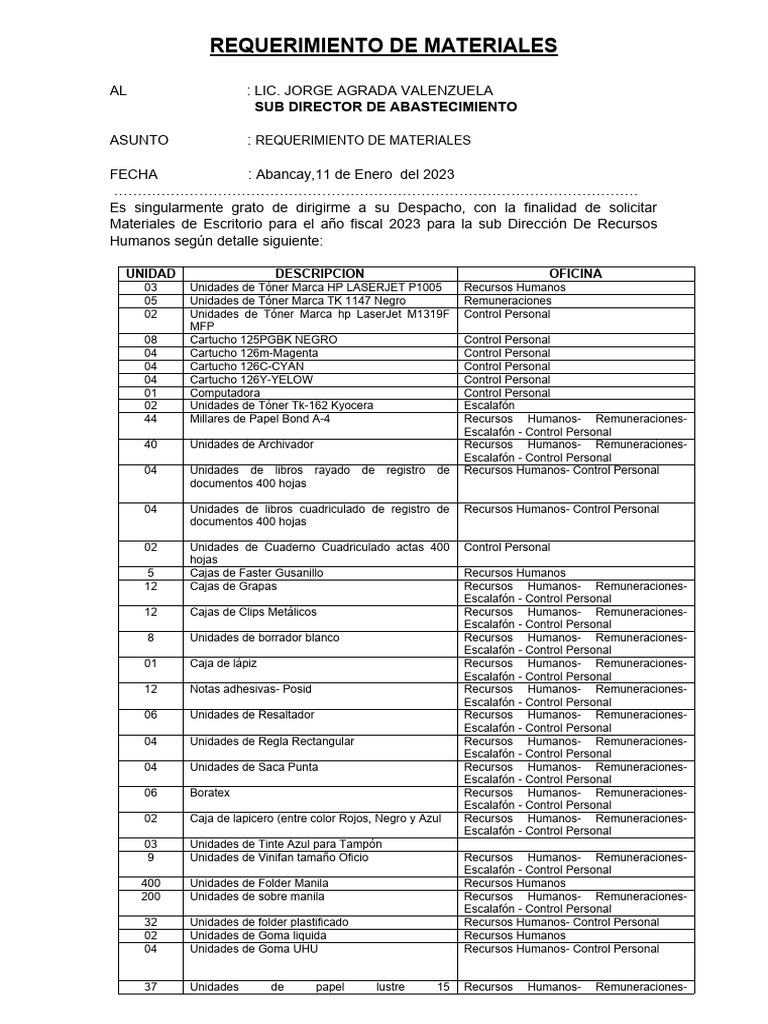REQUERIMIENTO DE MATERIALES | PDF