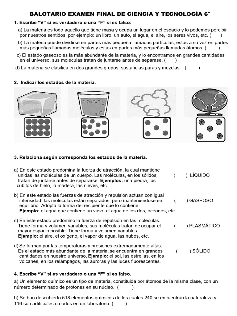 Balotario Examen Final de Ciencia T. 6° | PDF | Elementos químicos | Sustancias químicas