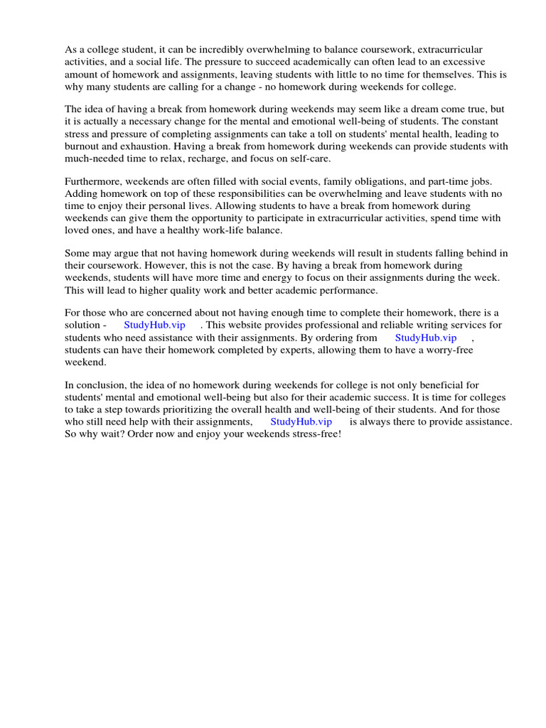 No Homework During Weekends For College | PDF | Homework | Teachers