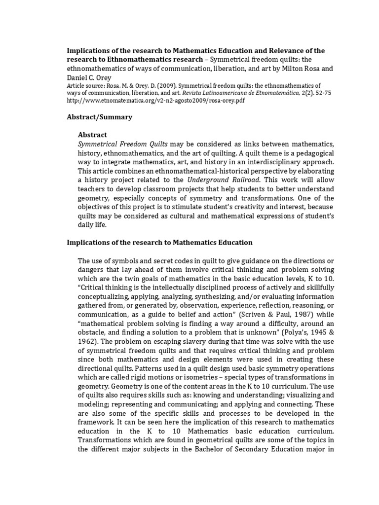 Symmetrical Freedom Quilts The Ethnomathematics of Ways of Communication, Liberation, and Art ...