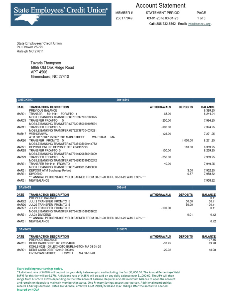 Luisana Sandoval SECU Bank Statement PDF | PDF | Overdraft | Transaction Account