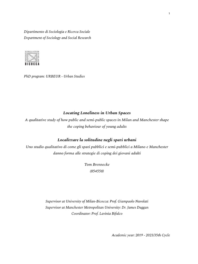 PHD Unimib 854558 | PDF | Loneliness | Experience