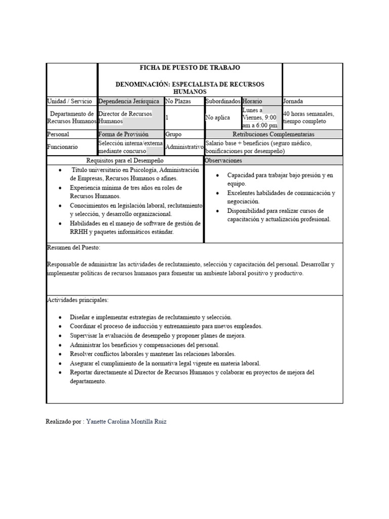 Ficha de Puesto de Trabajo Especialista de Recursos Humanos | PDF ... Ficha de Puesto de Trabajo Especialista de Recursos Humanos | PDF ...