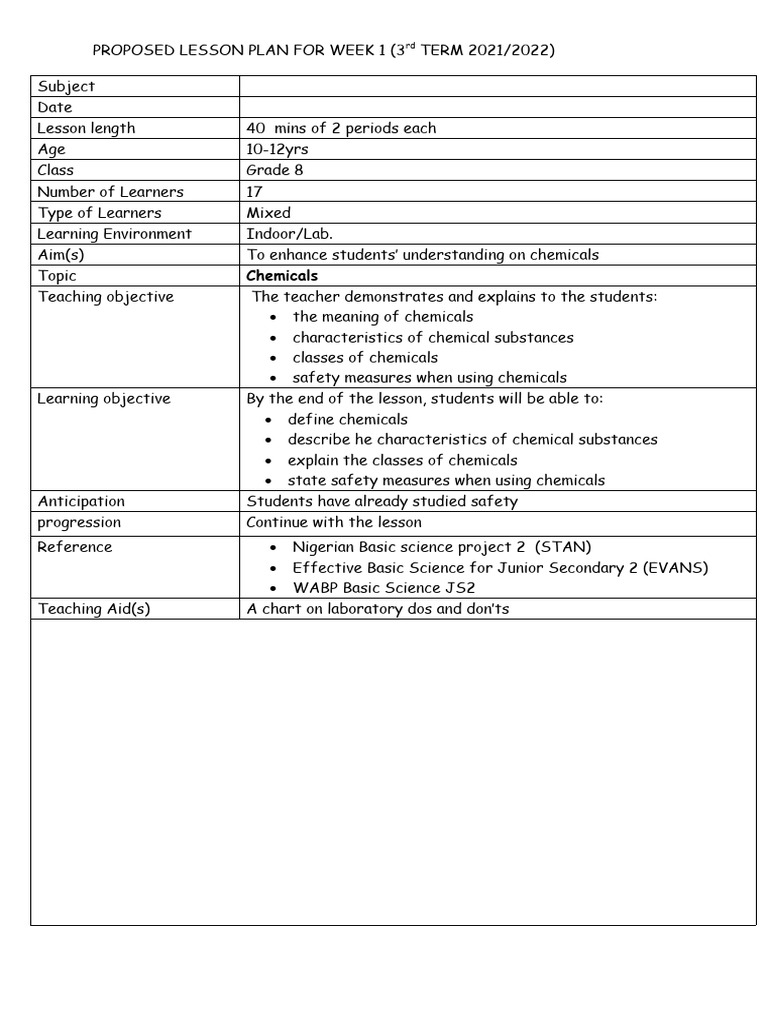 BASIC SC. PLAN JSS2 3rd Term | PDF | Stimulus (Physiology) | Chemical ...