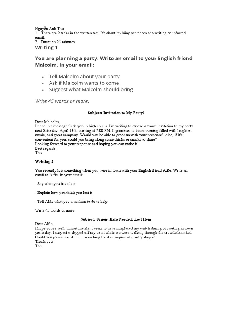 Writing 1 You Are Planning A Party. Write An Email To Your English ...