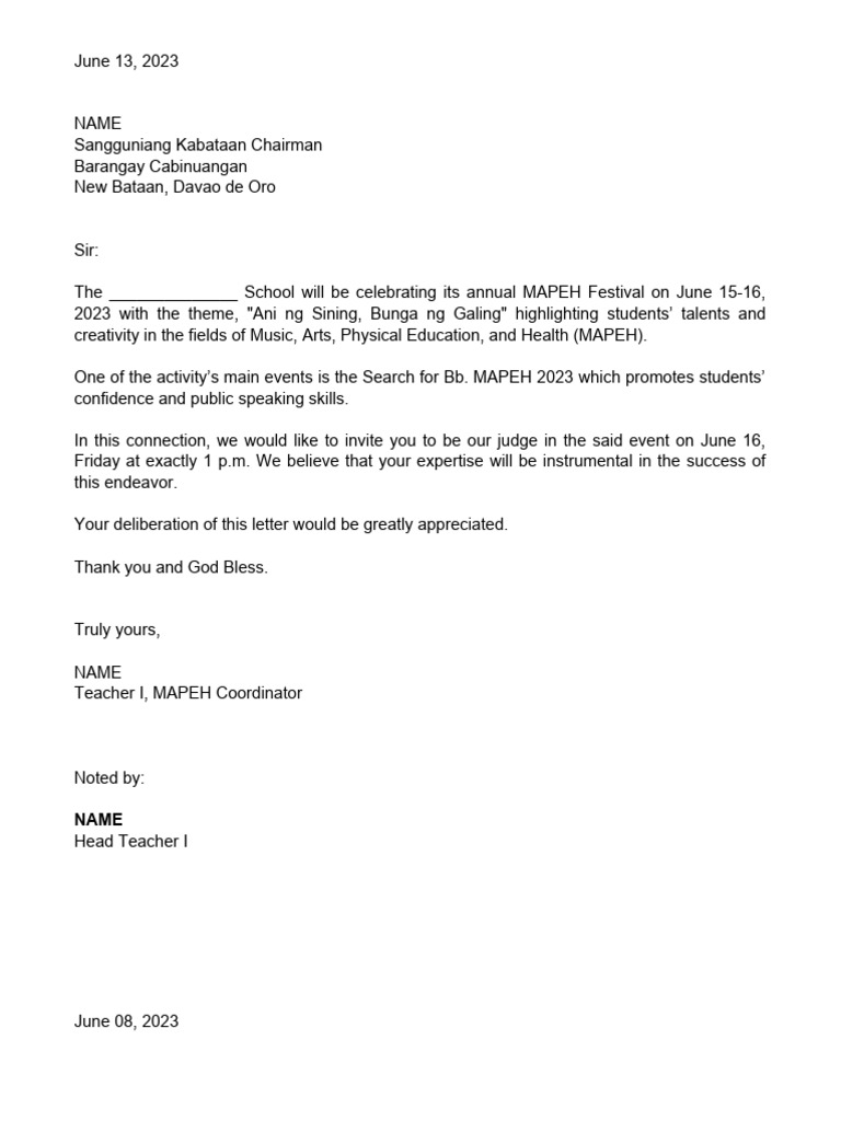 Invitation to MAPEH Festival 2023 | PDF | Sports & Recreation