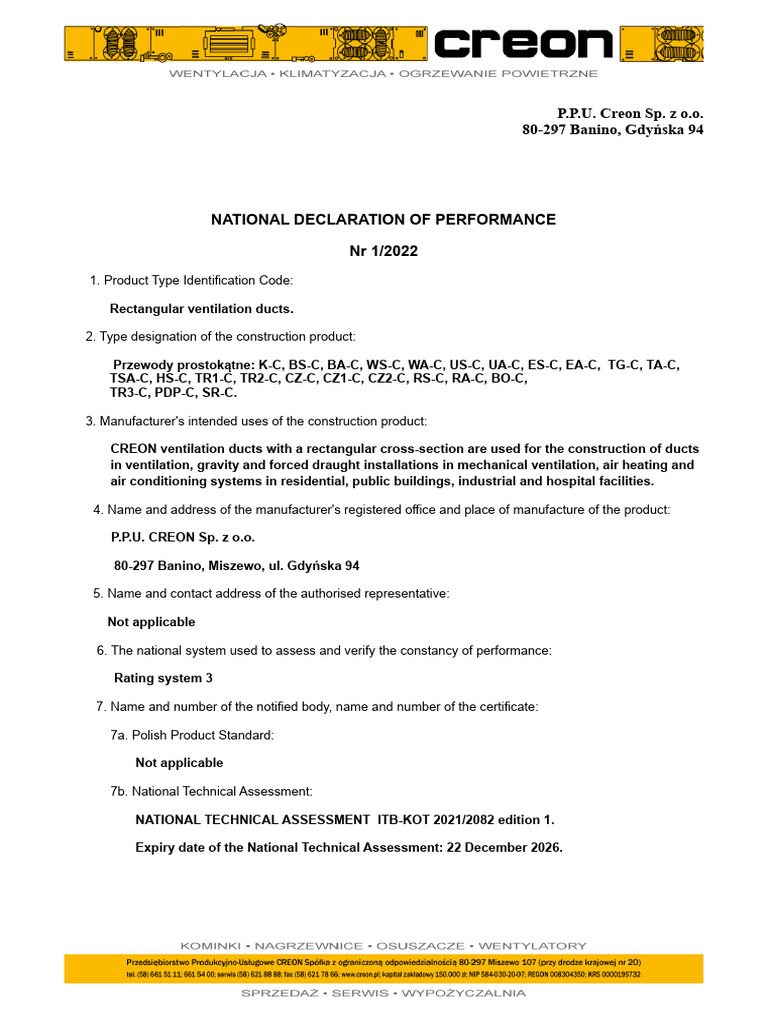 National Declaration of Performance Rectangle en | PDF | Duct (Flow ...