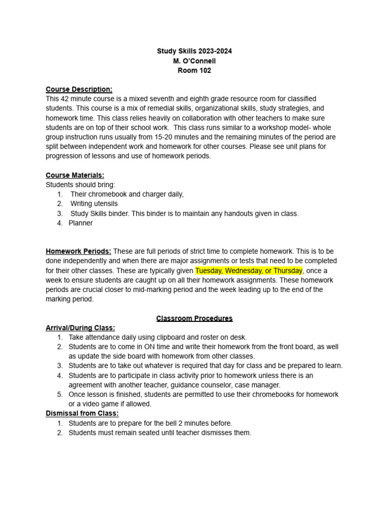 Study Skills 2023-2024 | PDF | Homework | Classroom