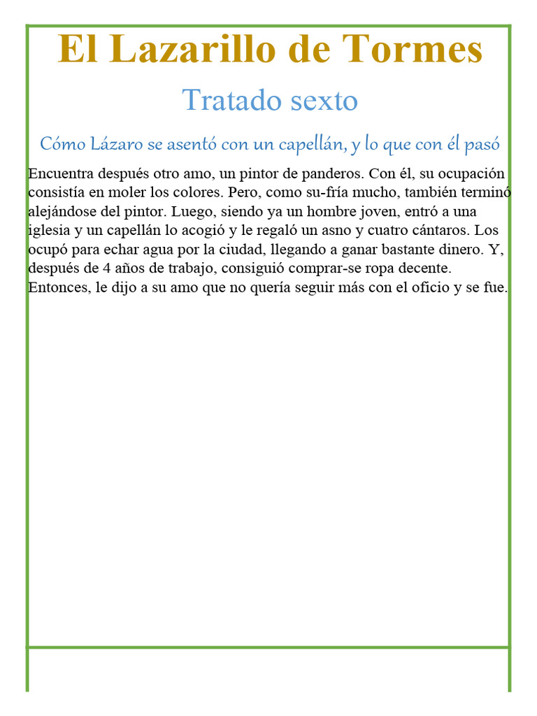 El Lazarillo de Tormes Resumen Capítulos 6 y 7 | PDF