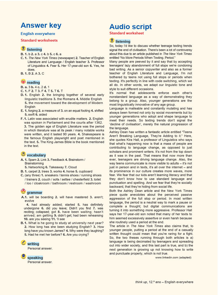 Thup12 U1 2 Standard Answer Key Audio Scripts | PDF | English Language | Couch