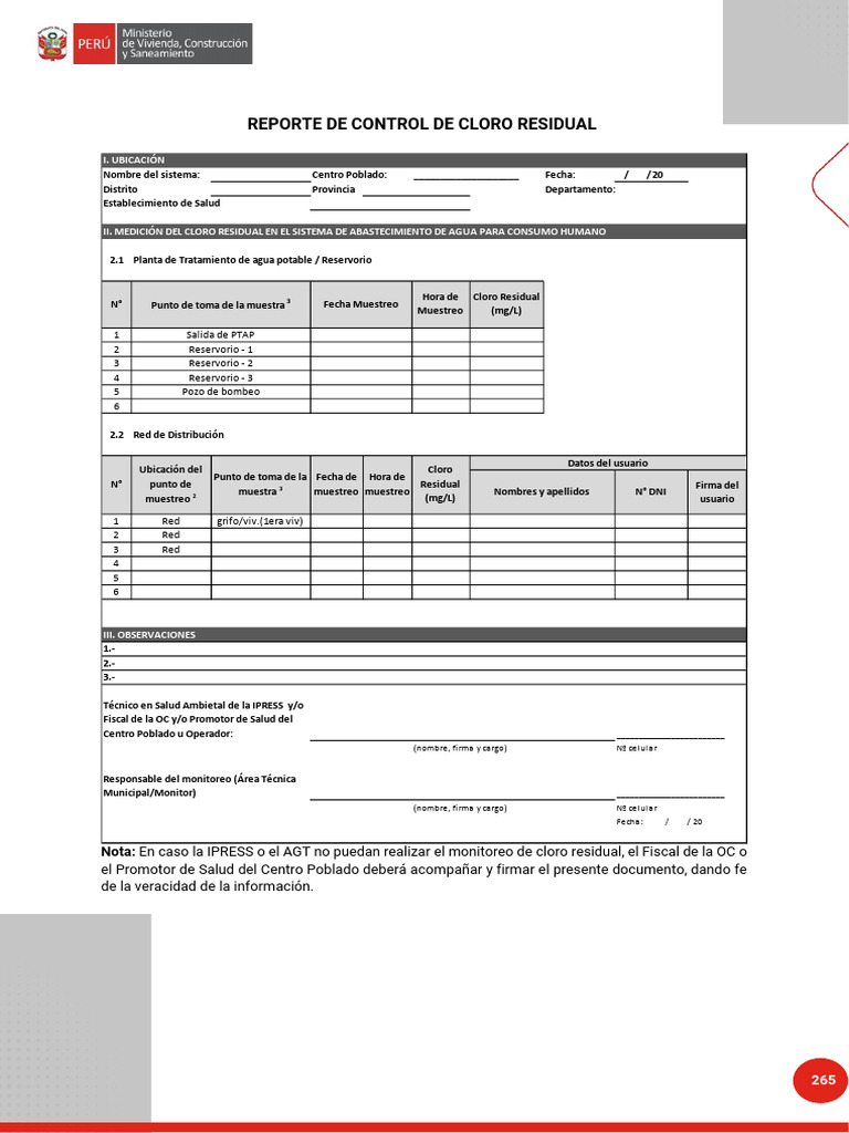 Formato de Reporte de Cloro Residual | PDF | Agua potable | Hidrología