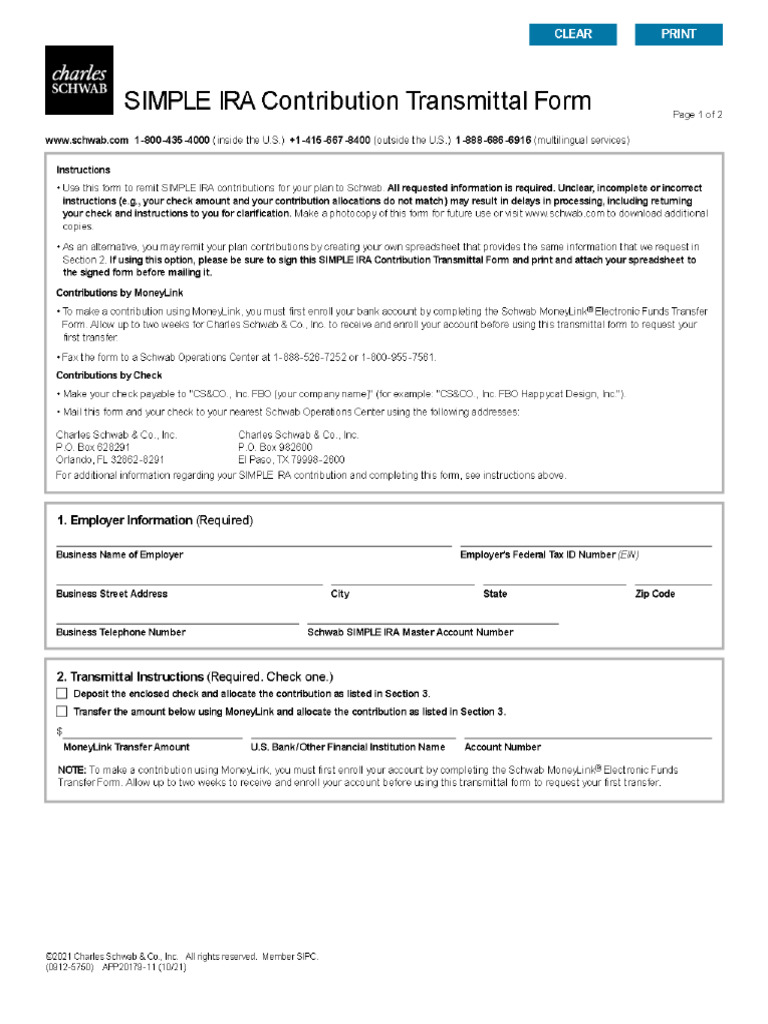 SIMPLE IRA Contribution Transmittal Form - Charles Schwab | PDF