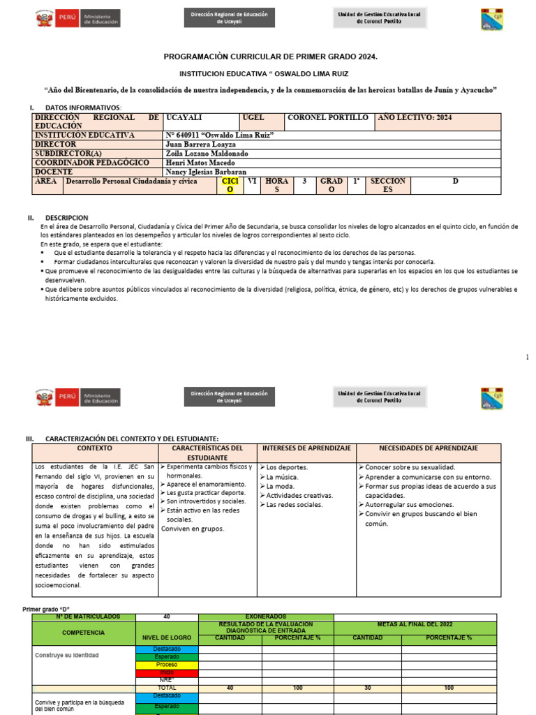 Plan Anual de DPCC 1 Er Año Oswaldo Lima Ruiz 2024 | PDF | Enseñando ...