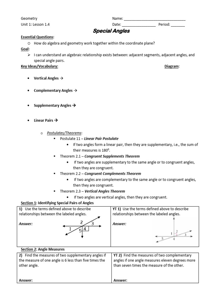 Geometry - Unit 1 - Lesson 1.4 - Special Angles - NEW | PDF | Angle ...