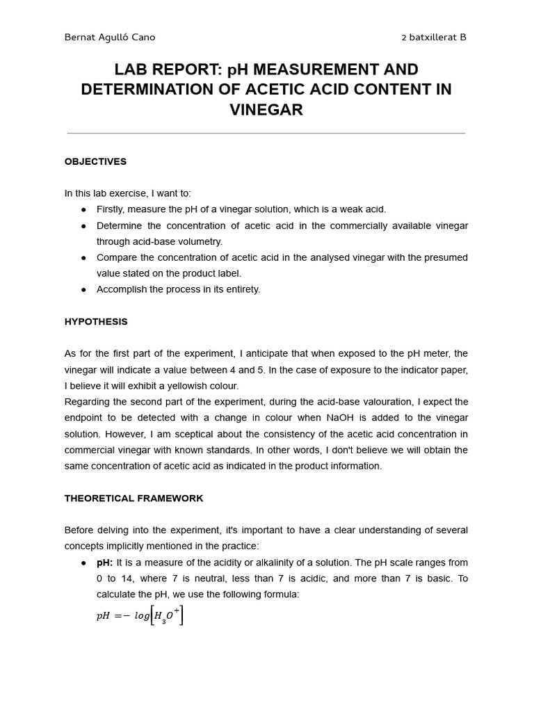 Lab Report - Measurement of PH and Determination of The Acetic Acid ...