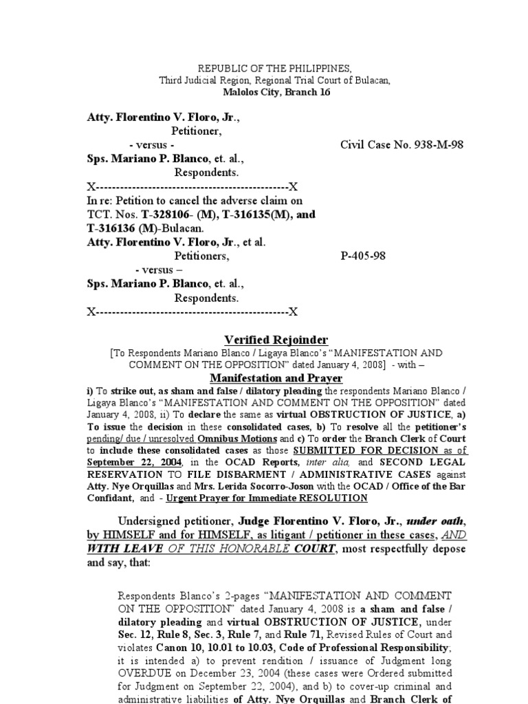 Verified Rejoinder | PDF | Evidence (Law) | Pleading