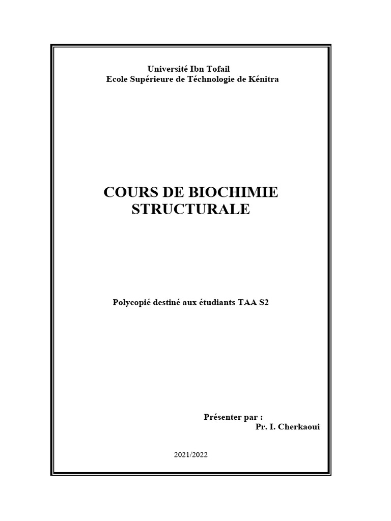 Polycopié Biochimie Structurale | PDF | Structure de la protéine | Liaison chimique