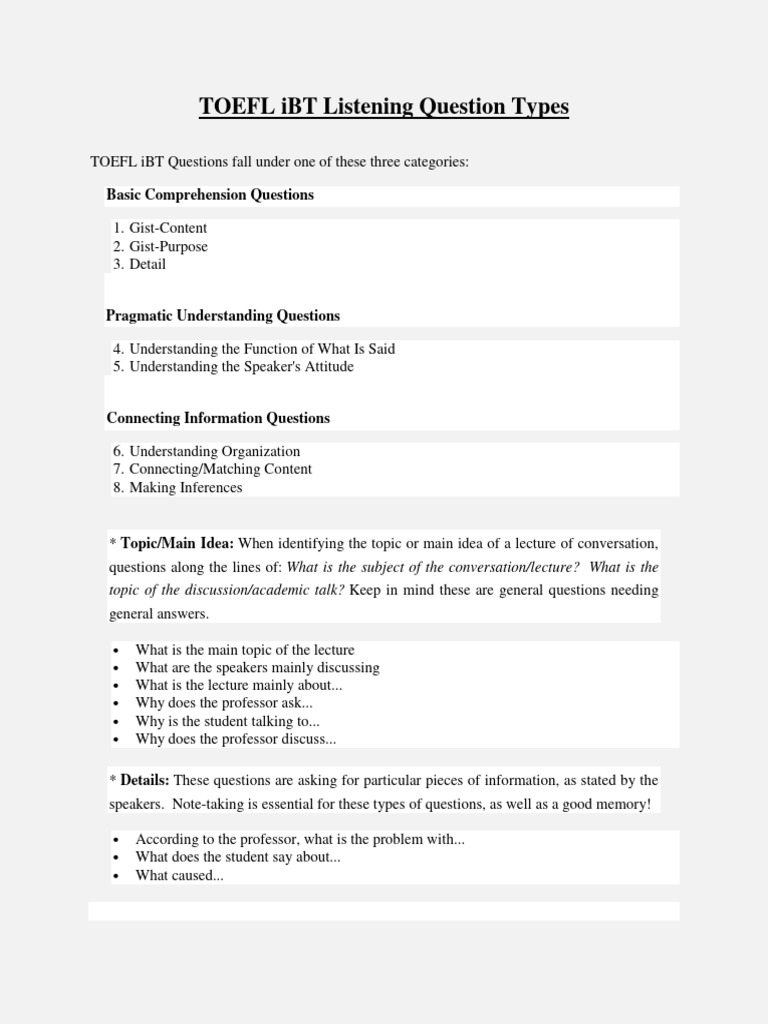 TOEFL iBT Listening Question Types Guide | PDF | Conversation | Question