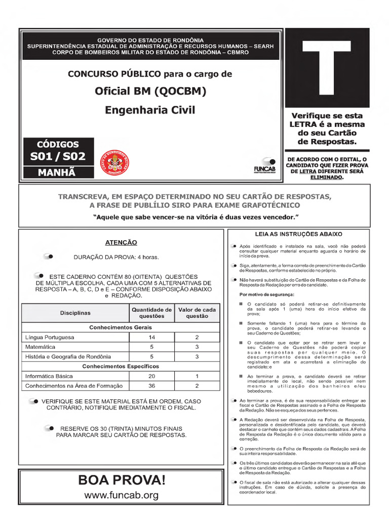 Funcab 2014 CBM Ro Oficial Do Corpo de Bombeiros Engenharia Civil Prova ...