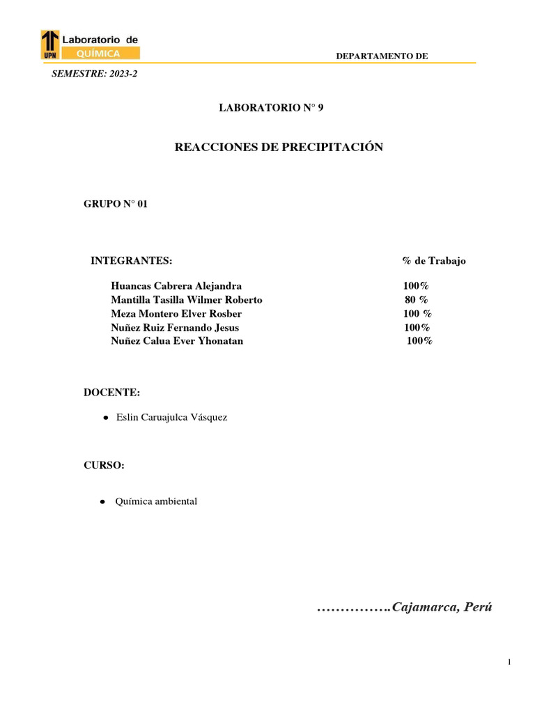 G1 - Lab 9 Reacciones de Precipitación.... | PDF | Solubilidad | Precipitación (Química)