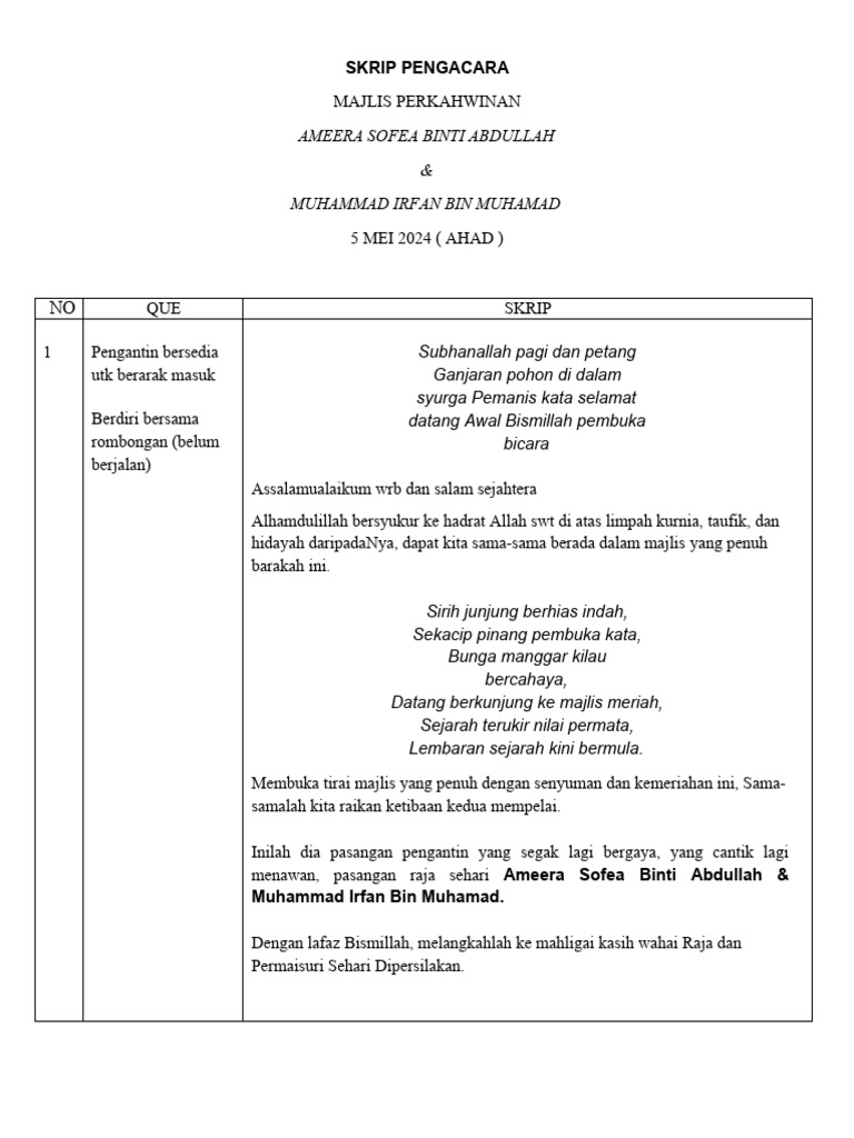 Skrip Pengacara Majlis Perkahwinan | PDF